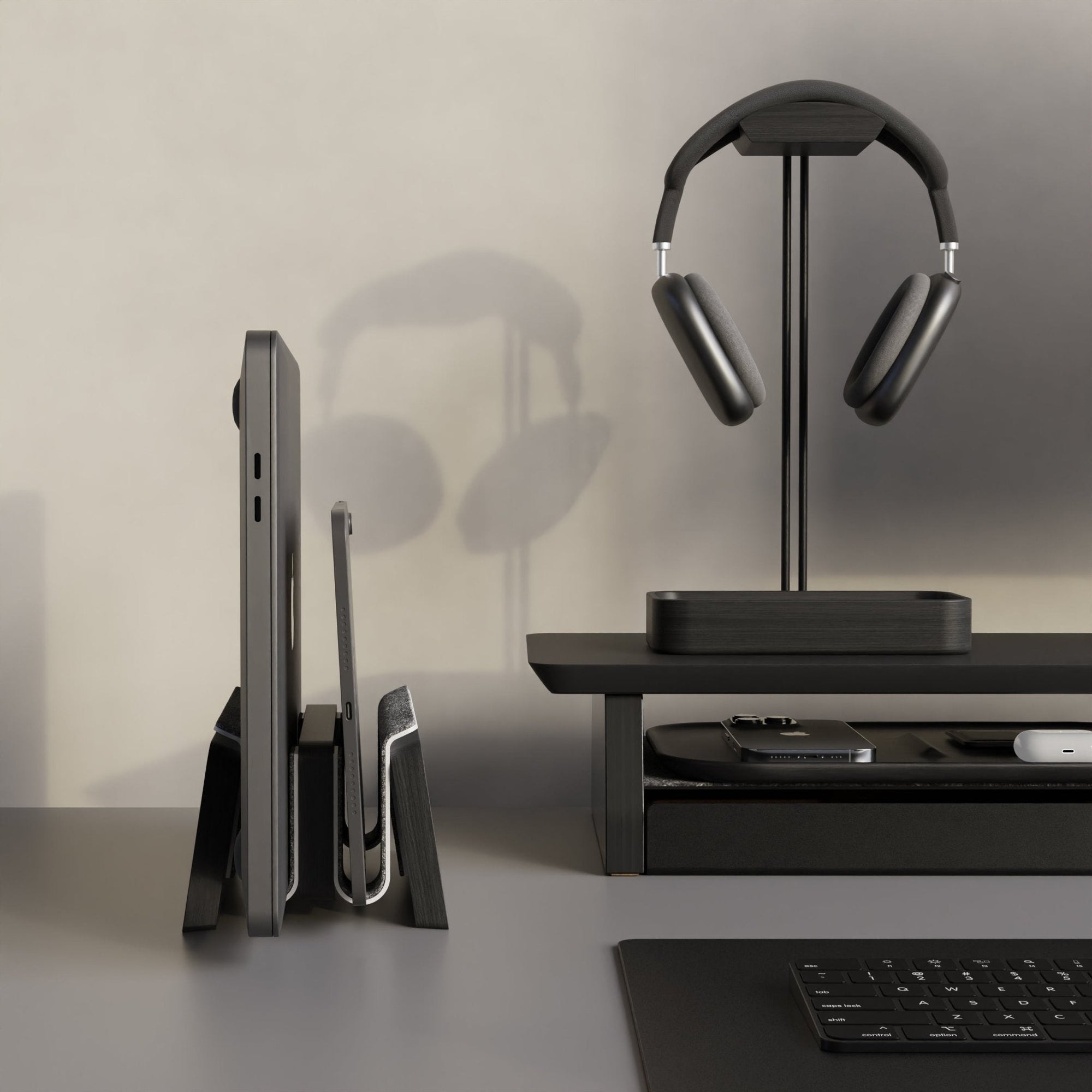 Vertical Laptop Stand Clamshell Macbook Holder Dual Slot | Black Wood
