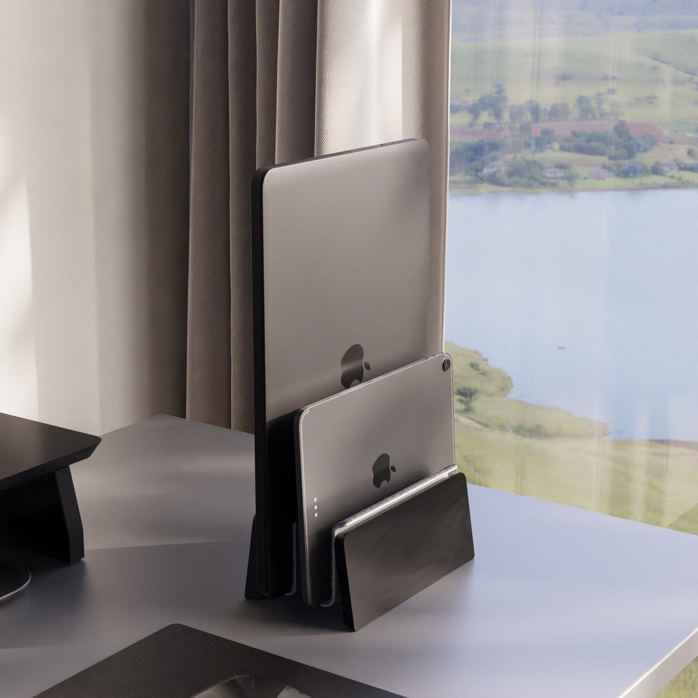 Vertical Laptop Stand Clamshell Macbook Holder Dual Slot | Black Wood