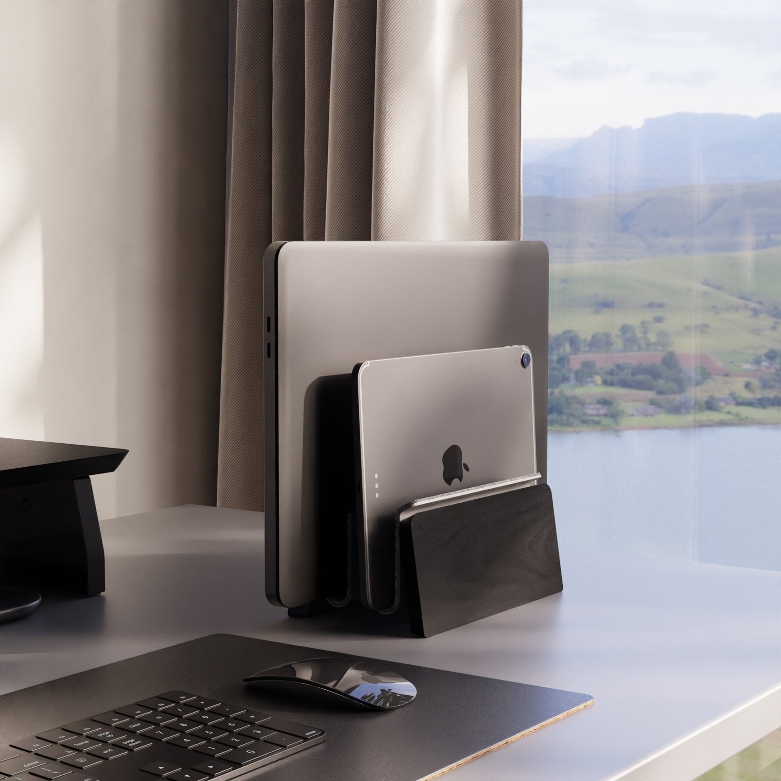 Vertical Laptop Stand Clamshell Macbook Holder Dual Slot | Black Wood