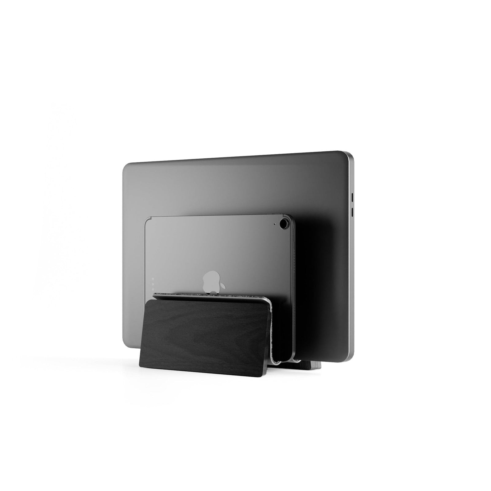 Vertical Laptop Stand Clamshell Macbook Holder Dual Slot | Black Wood