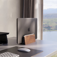 Vertical Laptop Stand Dual Clamshell Macbook Holder | Walnut Wood