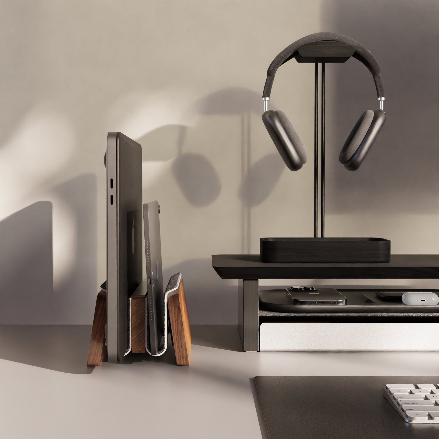 Vertical Laptop Stand Dual Clamshell Macbook Holder | Walnut Wood