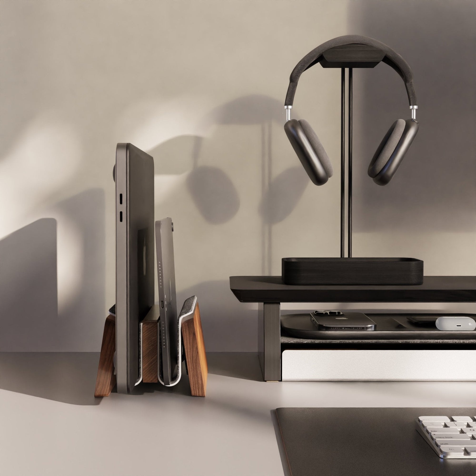 Vertical Laptop Stand Dual Clamshell Macbook Holder | Walnut Wood