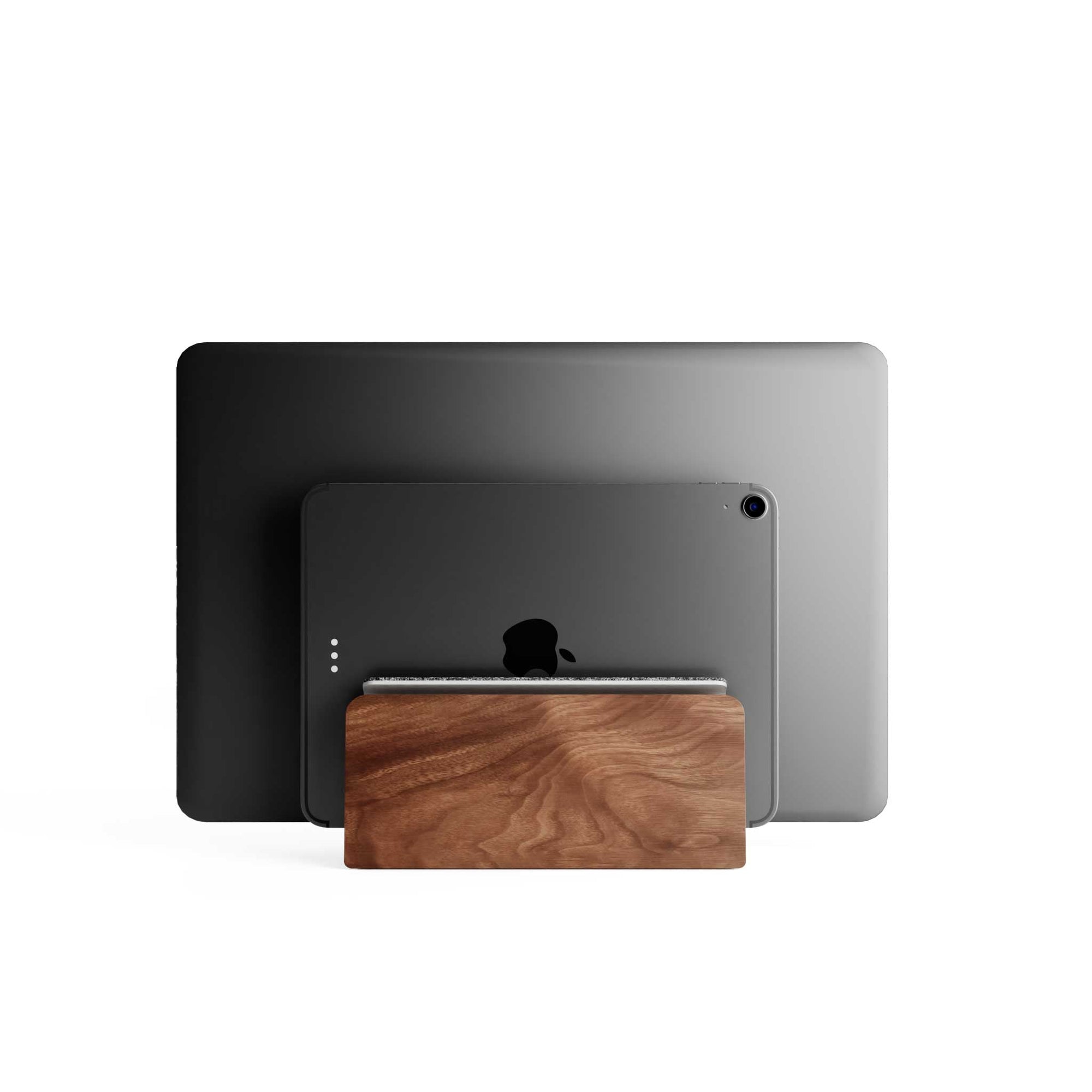 Vertical Laptop Stand Dual Clamshell Macbook Holder | Walnut Wood