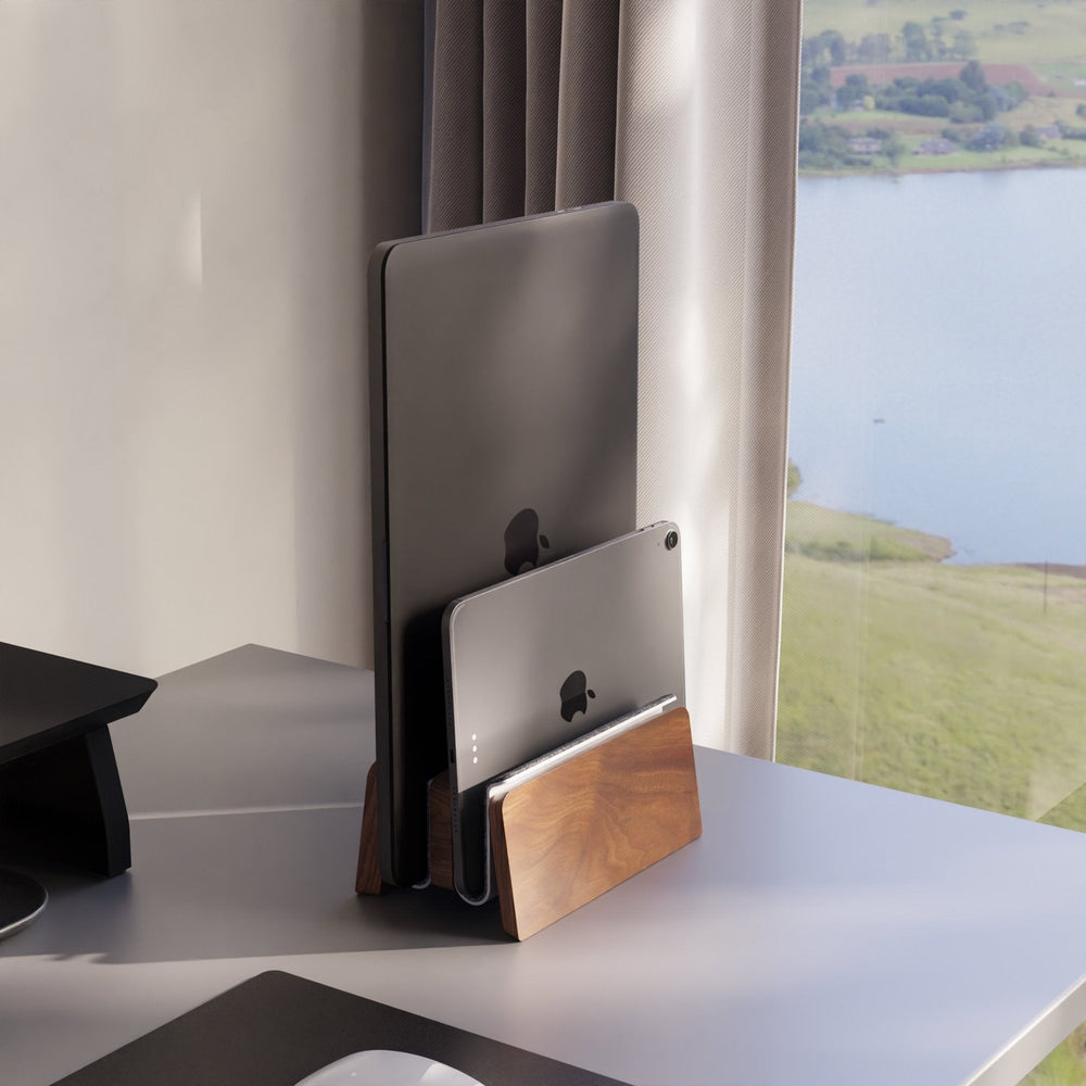 Vertical Laptop Stand Dual Clamshell Macbook Holder | Walnut Wood